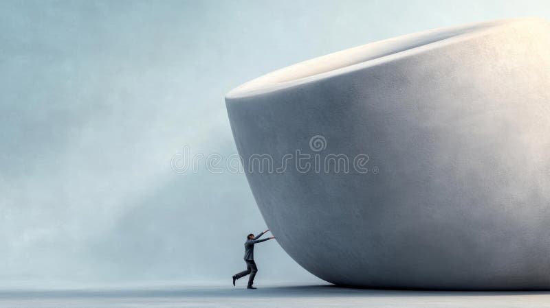 A Man Pushing a Large Smooth Object in a Surreal and Minimalist Setting ...