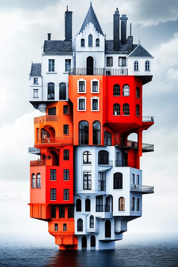 A Multi-colored Building Floating on Top of a Body of Water Stock Photo ...