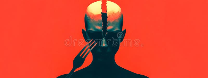 Person Holding Fork with Split Head on Red Background Stock Photo ...