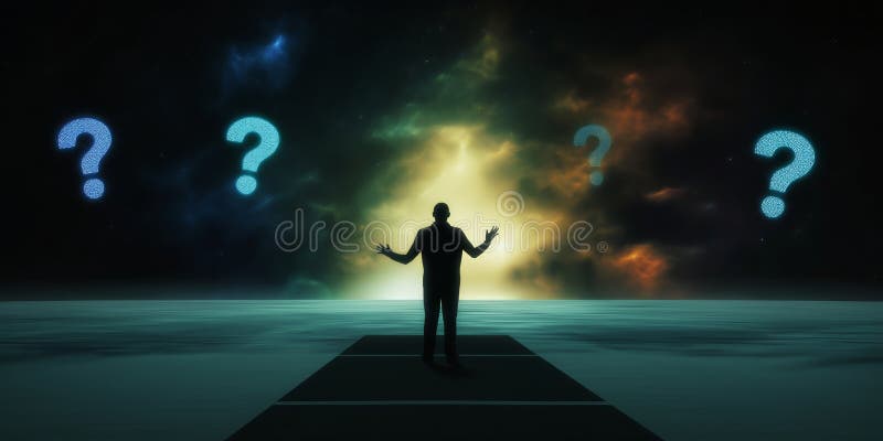 Surreal Image of a Person Reaching Out Toward Floating Question Marks ...