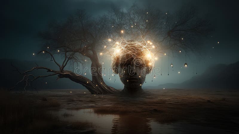 Surreal Image of a Head with Sparkling Thoughts in a Dark Landscape ...