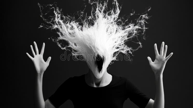Surreal Image of Person with White Hair Exploding in Dark Atmosphere ...