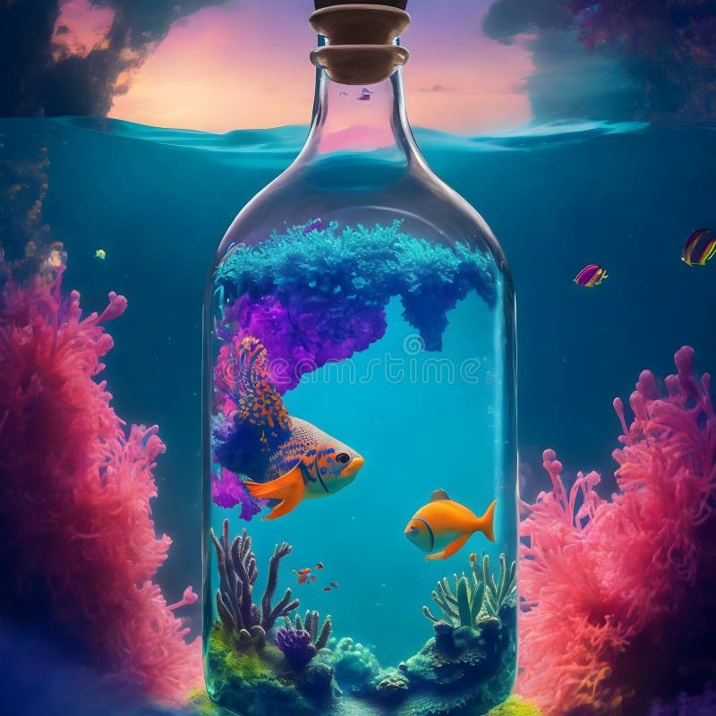Surreal Image of the Psychedelic Ocean Inside a Glass Bottle. Stock ...
