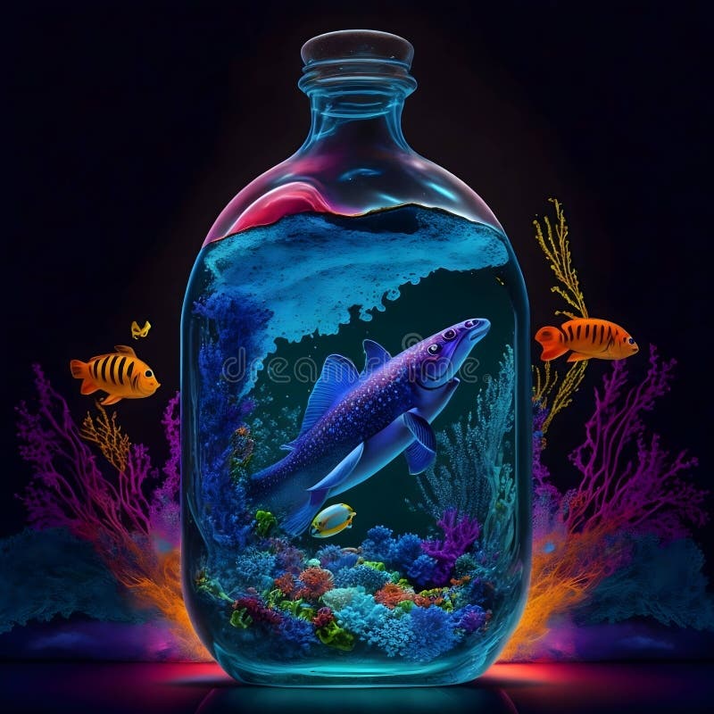Surreal Image of the Psychedelic Ocean Inside a Glass Bottle. Stock ...