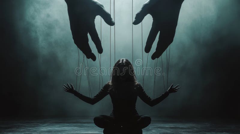 Surreal Image of a Seated Woman Controlled by Puppet Strings in Dark ...