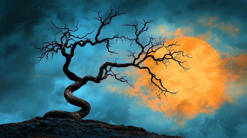Surreal Tree with Snake-like Branches in Twilight Stock Illustration ...