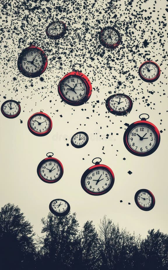 Clocks Exploding in a Surreal Sky with Abstract Design Stock Image ...