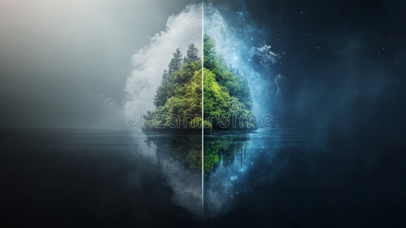 A Surreal Image of a Split Landscape Featuring a Vibrant Forest ...