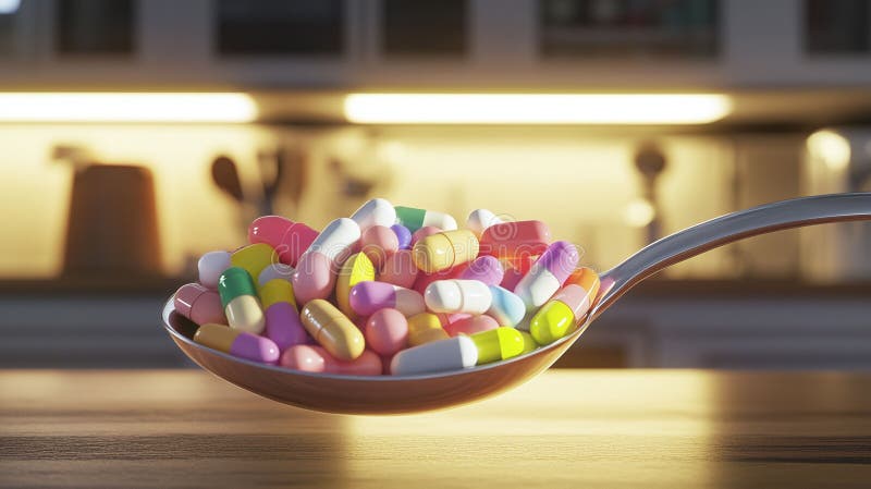 A Surreal Image of a Spoon Overflowing with Pills Set Against a Glowing ...