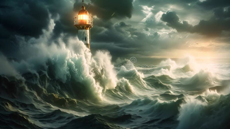 Surreal Image of Stormy Sea with Lighthouse. 3D Rendering, Thunder ...