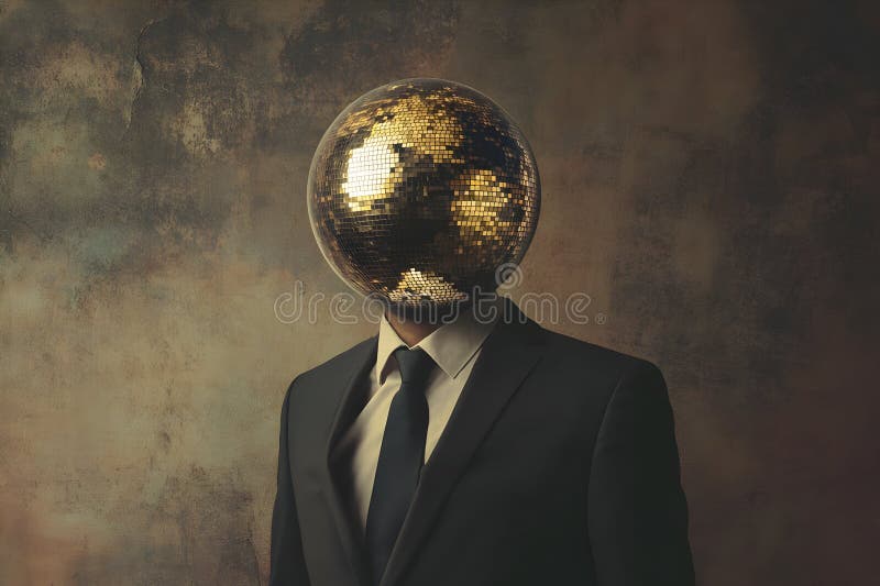 Surreal Image of Suit-clad Man with Disco Ball Head Against Textured ...