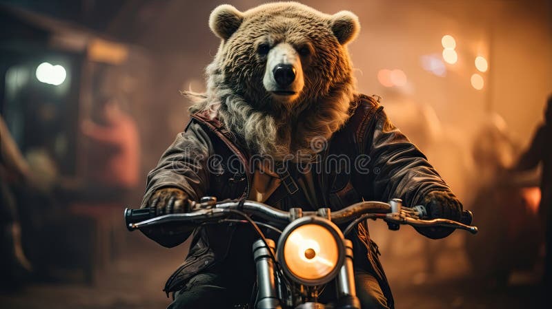 Surreal Image of a Trained Bear Riding a Motorcycle in a Fantastical ...