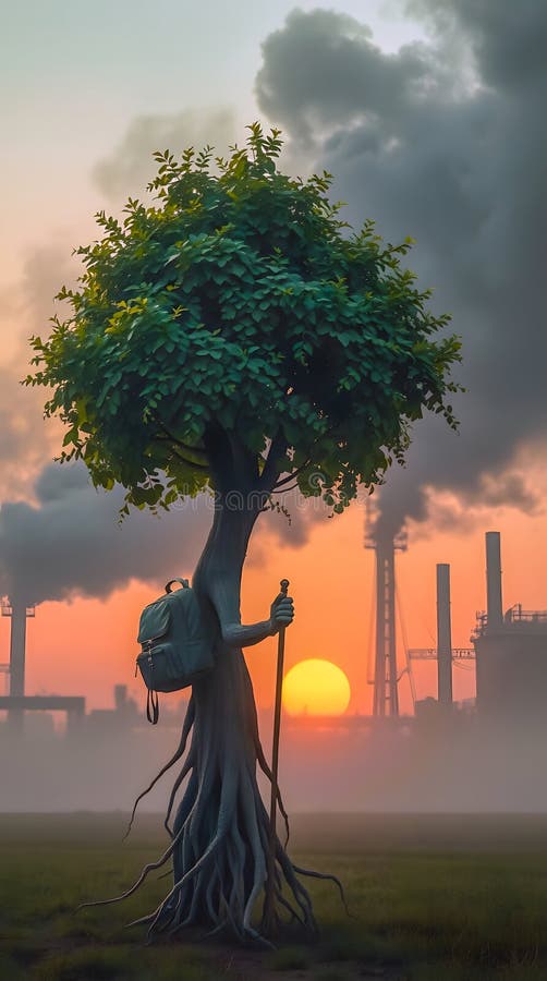Tree with Legs and Backpack in Hazy Industrial Landscape, Symbolizing ...