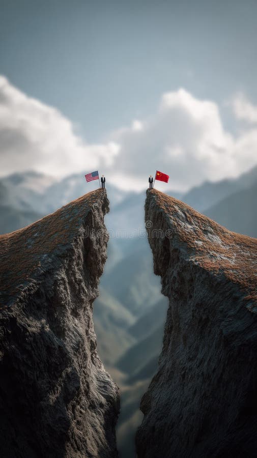 Surreal Image of Two Mountains with USA and China Flags, Symbolizing ...
