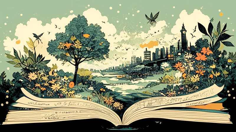 Fantasy Illustration of an Open Book with a Dreamlike Landscape Stock ...