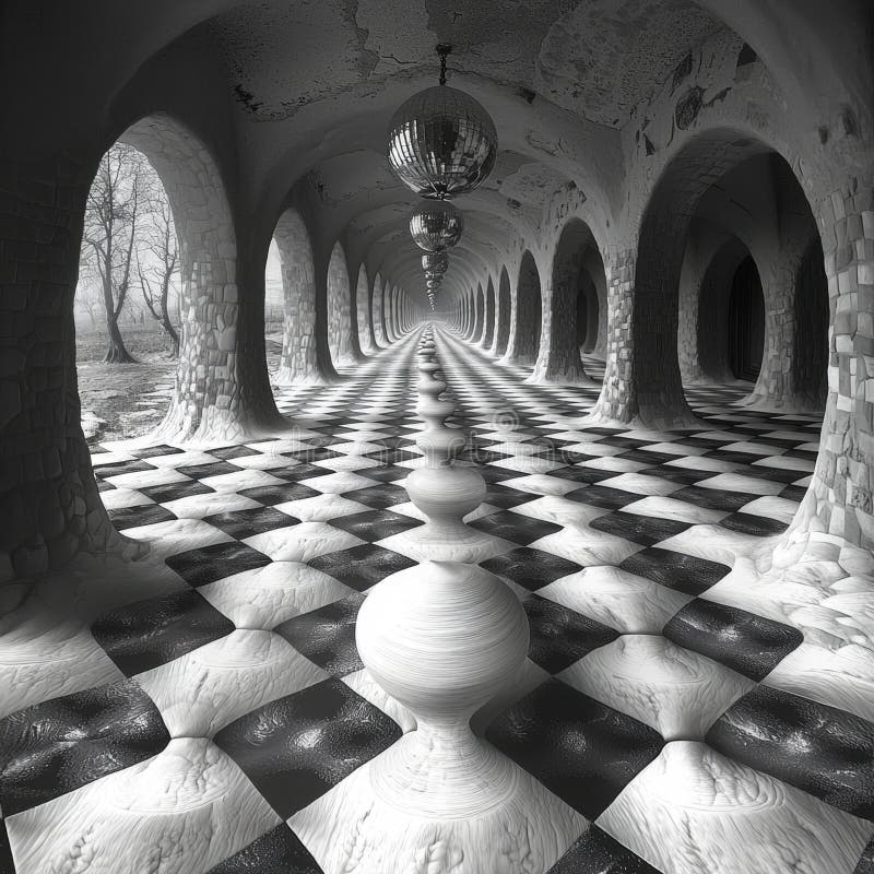 Surreal Infinite Corridor with a Checkerboard Floor and Light Spheres ...