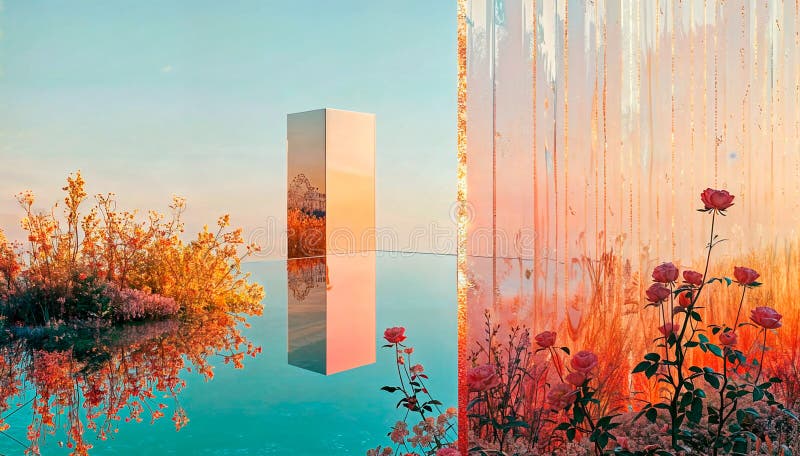 Surreal Infinity Pool with Reflective Monolith and Roses Stock Image ...