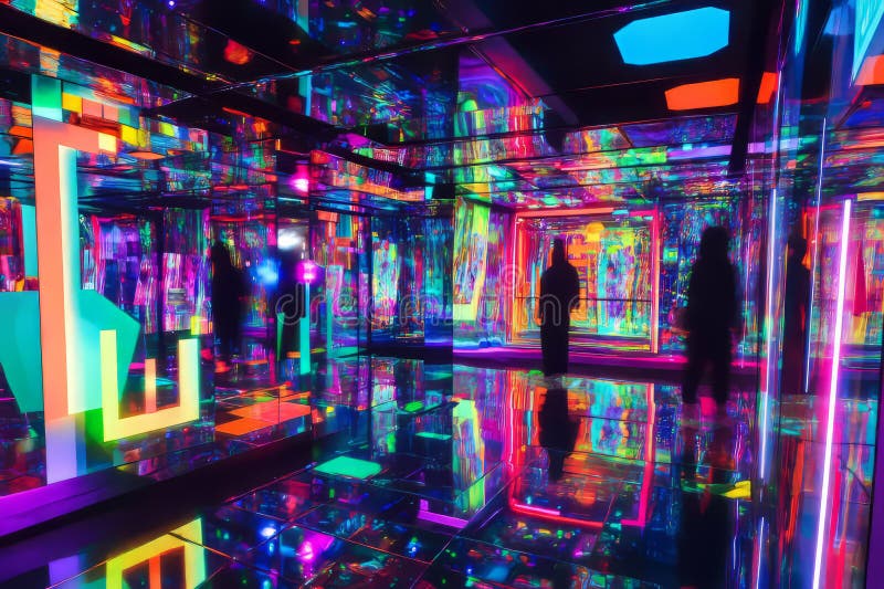 A Surreal Infinity Room with Endless Reflections, Vibrant Neon Lighting ...
