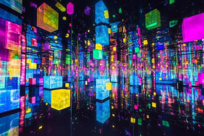 A Surreal Infinity Room with Endless Reflections, Vibrant Neon Lighting ...