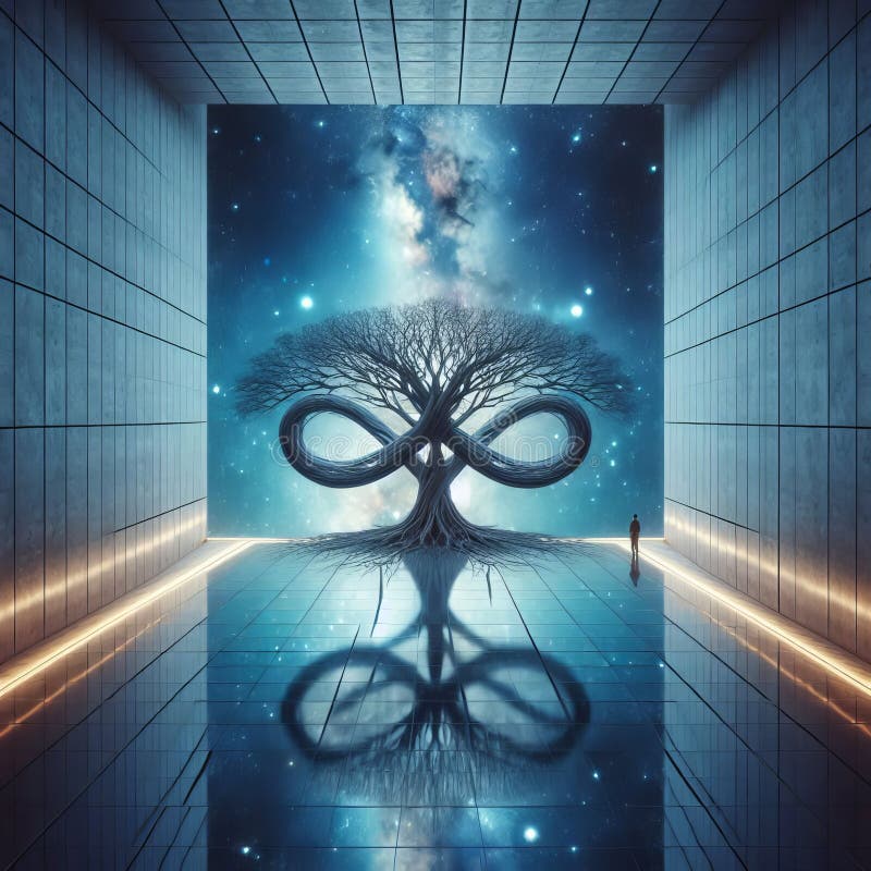Surreal Infinity Tree in Futuristic Hall with Starry Sky Stock Image ...