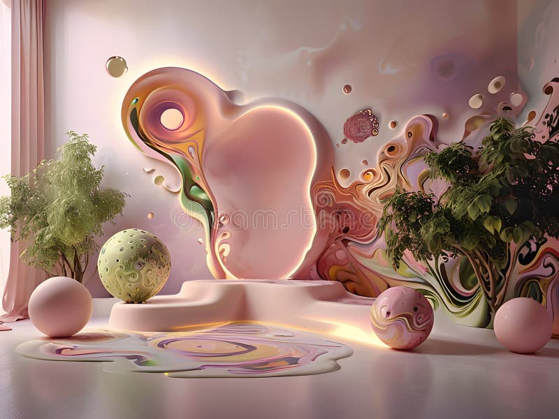 Product Display: Surreal Interior with Abstract Fluid-like Wall Art and ...