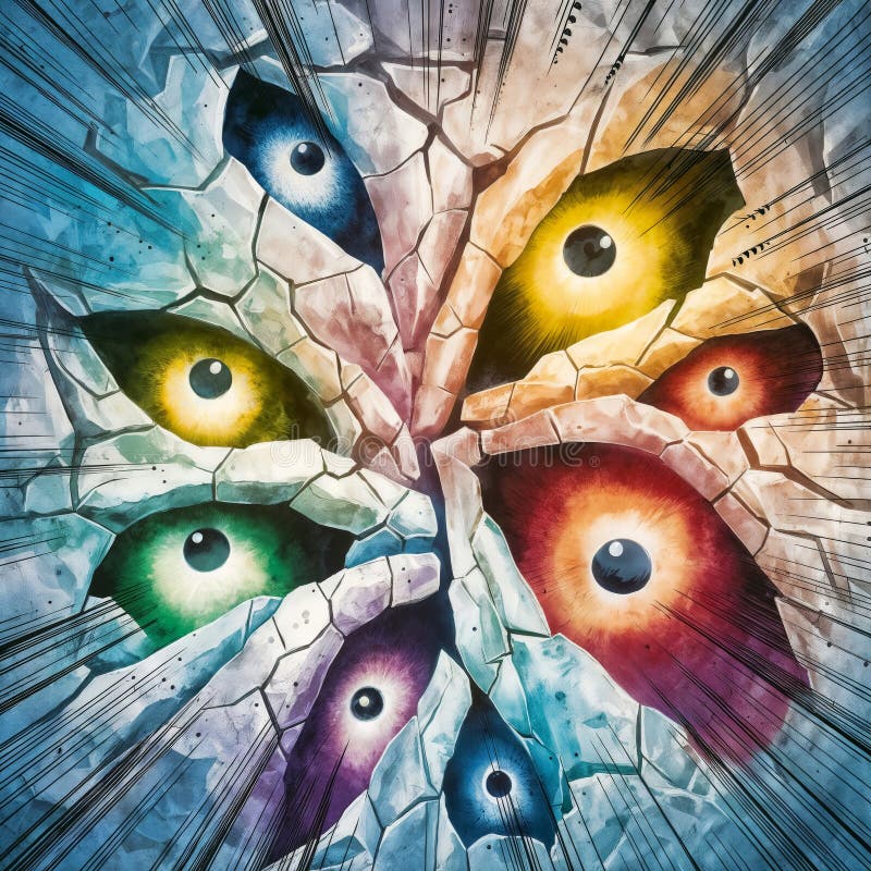 Multiple Colorful Eyes Peering through Cracked Wall Stock Illustration ...