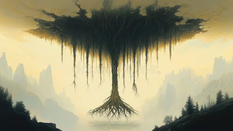 Surreal Inverted Tree Landscape with Mystical Roots in Dreamlike ...