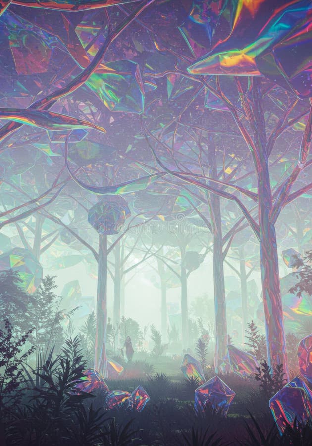 Surreal Iridescent Forest Path with Glowing Trees Stock Illustration ...