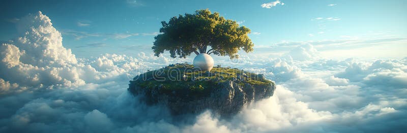 Surreal Island Floating Above Clouds with Tree and Spherical Structure ...
