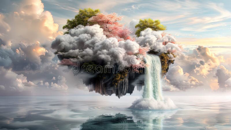 A Surreal Island Floating in the Clouds, with a Waterfall Cascading ...