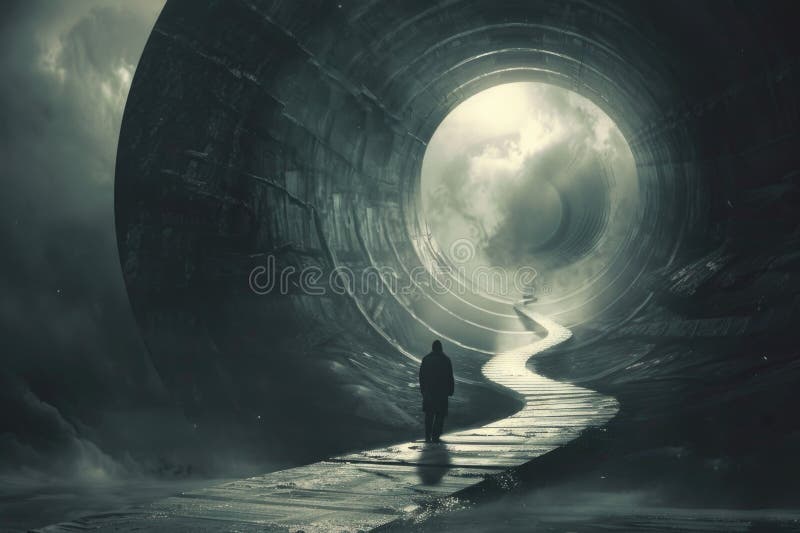 Surreal Journey of a Lone Figure Walking Towards a Moonlit Path within ...