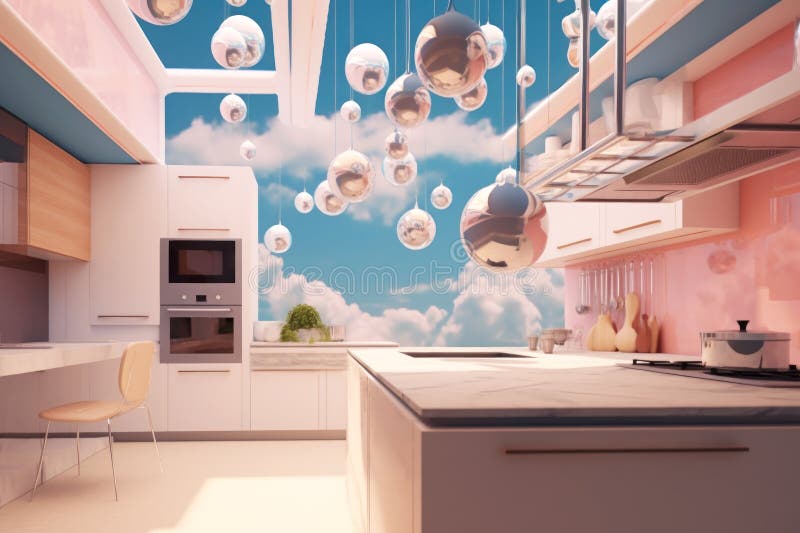 Surreal Kitchen Dreamscape with Floating Silver Orbs Stock Illustration ...
