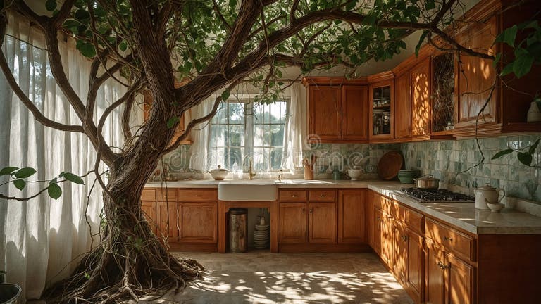 Surreal Kitchen Interior with a Tree Rooted Inside Nature Blending with ...