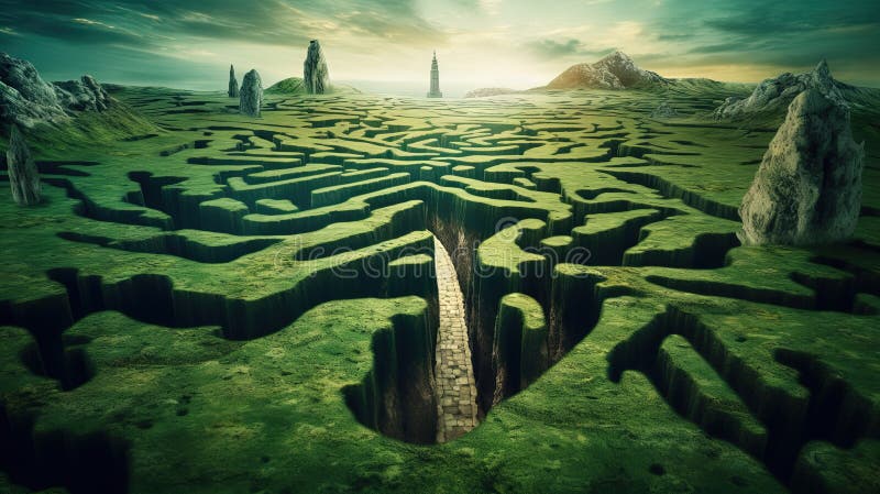 Surreal Labyrinth Concept with Magic Maze and Ancient Pathway. Stock ...