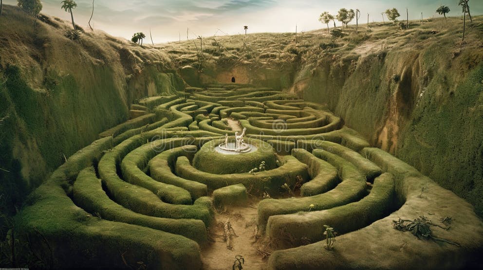 Surreal Labyrinth Concept with Magic Maze and Ancient Pathway. Stock ...
