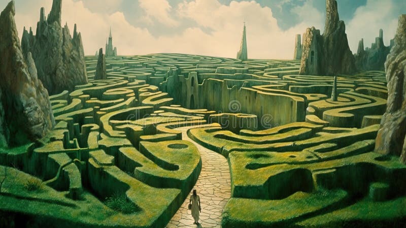 Surreal Labyrinth Concept with Magic Maze and Ancient Pathway. Stock ...