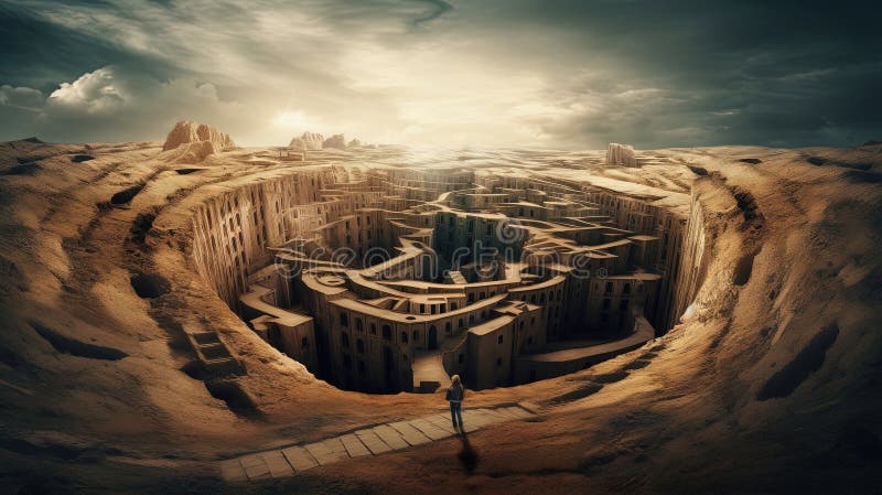 Surreal Labyrinth Concept with Magic Maze and Ancient Pathway. Stock ...