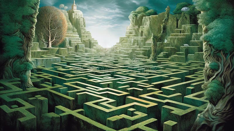 Surreal Labyrinth Concept with Magic Maze and Ancient Pathway. Stock ...