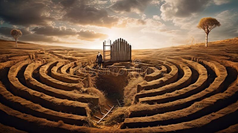 Surreal Labyrinth Concept with Magic Maze and Ancient Pathway. Stock ...