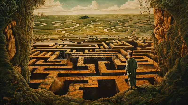 Surreal Labyrinth Concept with Magic Maze and Ancient Pathway. Stock ...