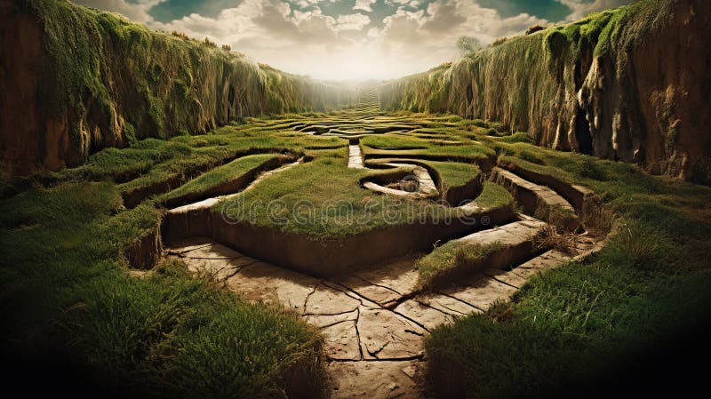 Surreal Labyrinth Concept with Magic Maze and Ancient Pathway. Stock ...