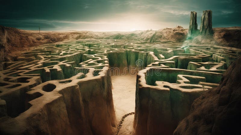 Surreal Labyrinth Concept with Magic Maze and Ancient Pathway. Stock ...