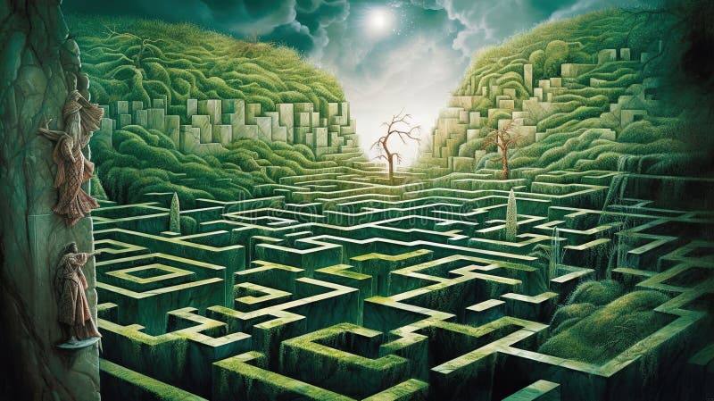 Surreal Labyrinth Concept with Magic Maze and Ancient Pathway. Stock ...