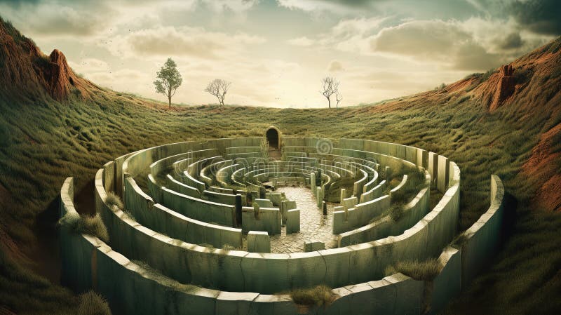 Surreal Labyrinth Concept with Magic Maze and Ancient Pathway. Stock ...