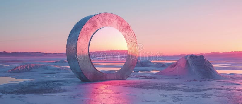 Surreal Landscape with Abstract Ring and Colorful Sky at Sunset Stock ...