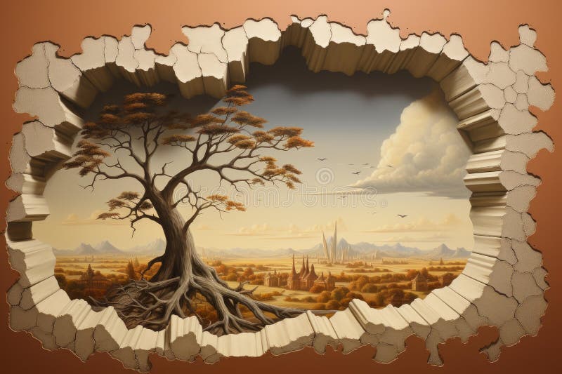 Surreal Landscape Beyond Broken Wall Stock Image - Image of break ...