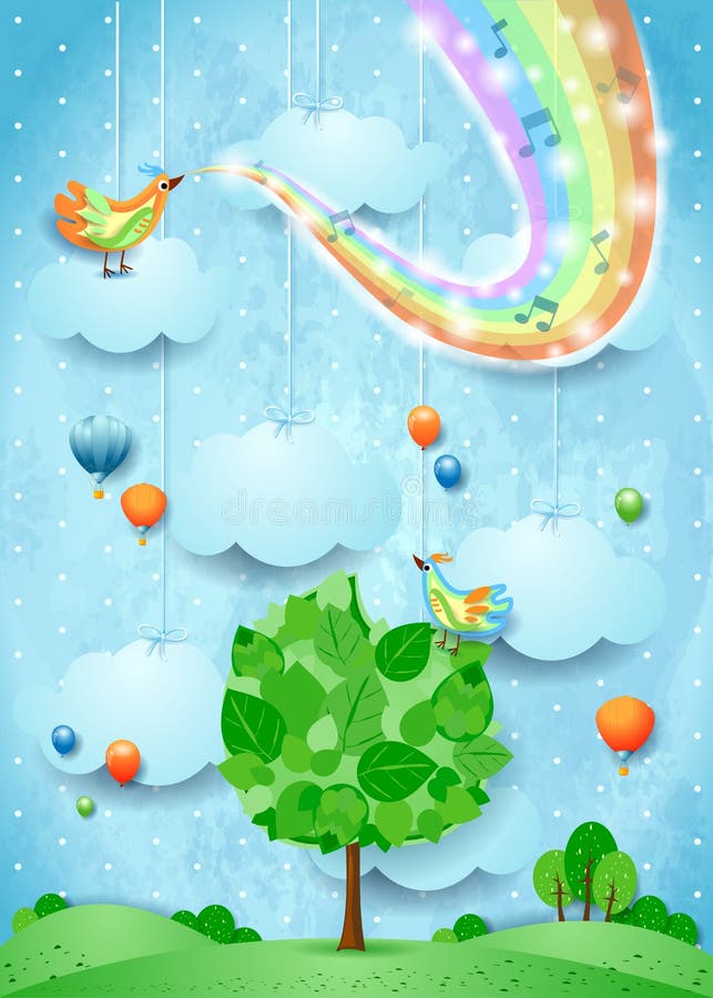 Surreal Landscape with Big Tree, Rainbow Colors, Bird and Musical Notes ...