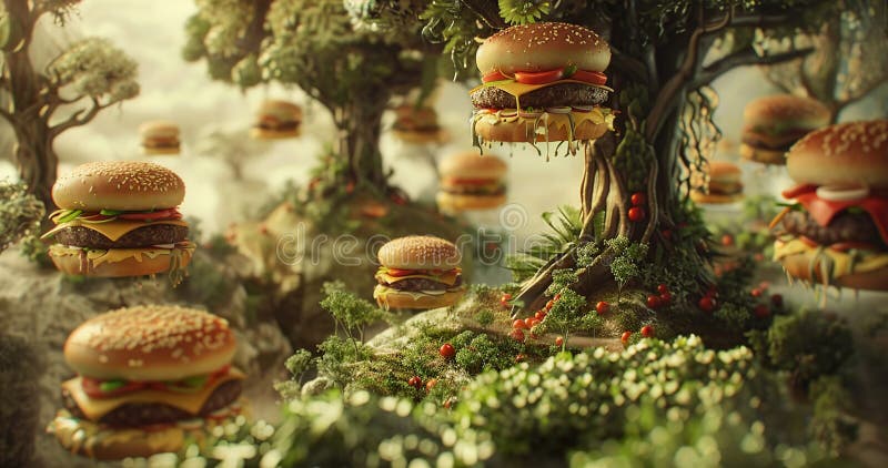 Surreal Landscape with Burgers Hanging from Trees Stock Illustration ...