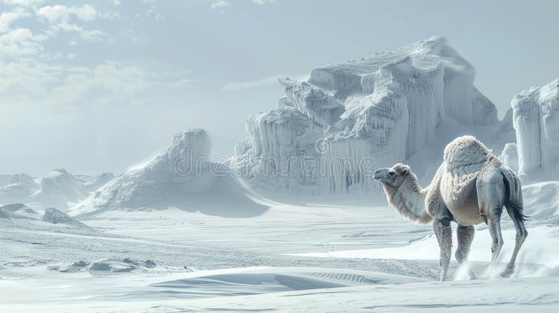 Surreal Landscape, a Camel Traverses a Snow-clad Landscape with Ice ...