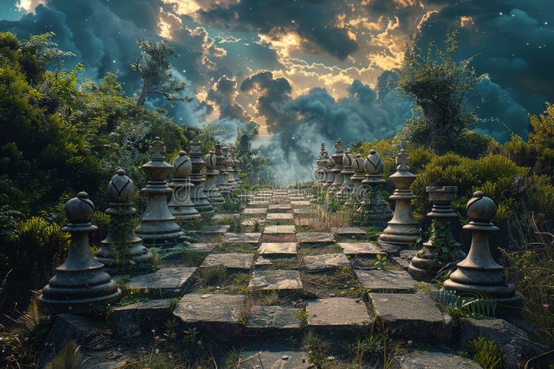 Surreal Landscape with Chess Pieces Under Dramatic Sky Stock Photo ...